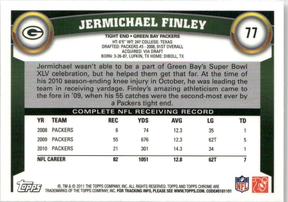 2011 Topps Chrome Jermichael Finley Green Bay Packers #77 | eBay