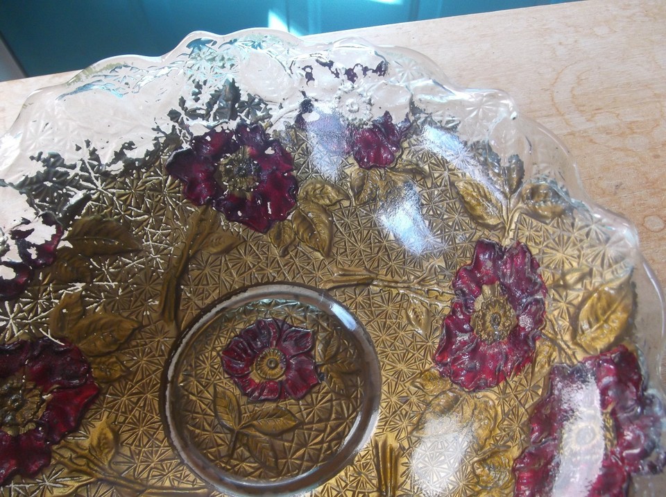 Vintage Goofus Glass Bowl with Gold and Red Floral Design and Scalloped ...