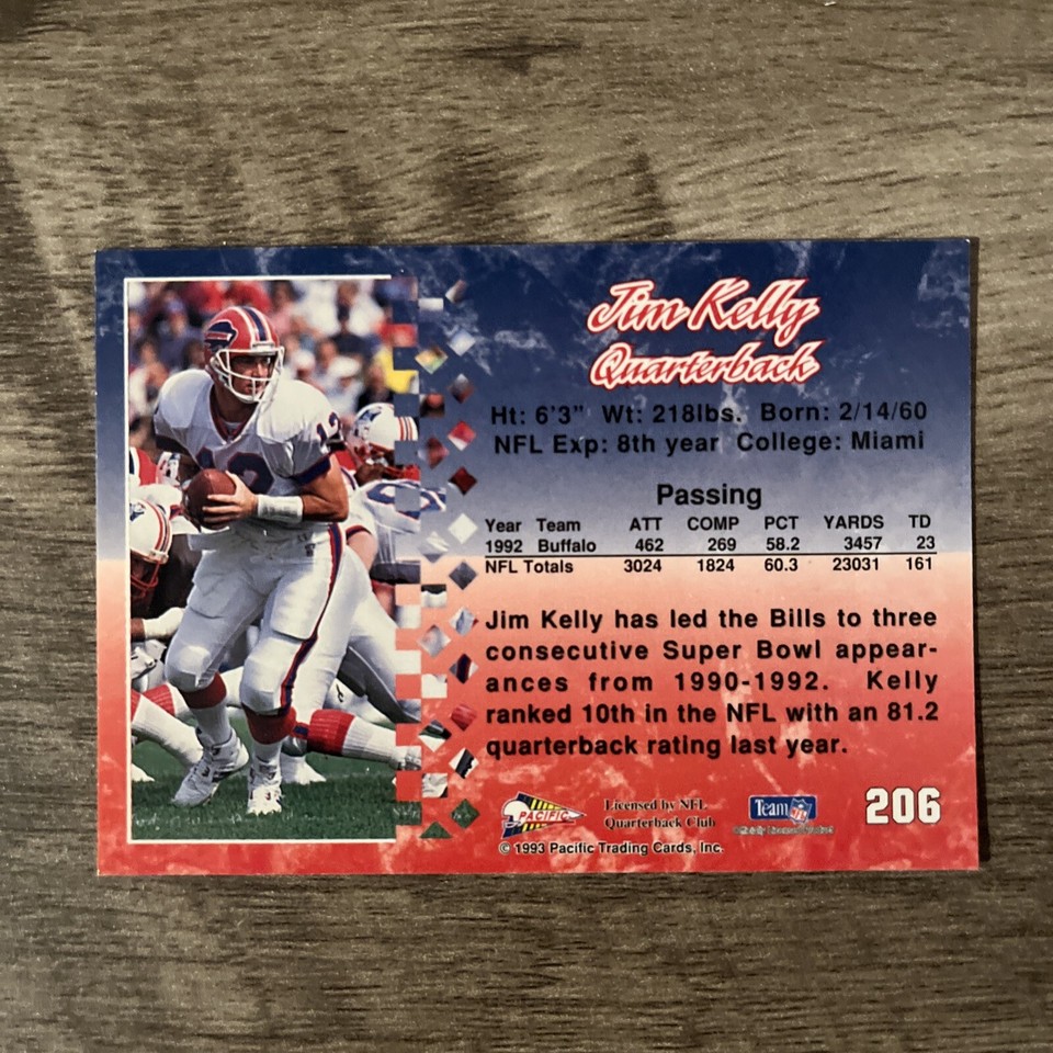 Jim Kelly Quarterback Pacific Trading Card NFL Footbal 1993 206 Buffalo ...