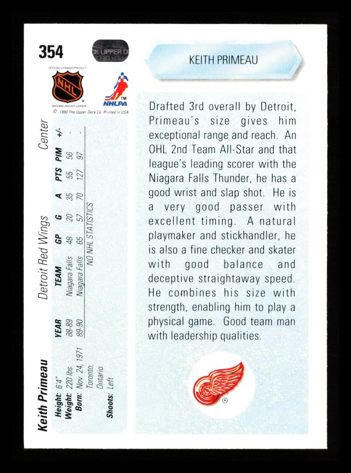 Keith Primeau 1990-91 Upper Deck Hockey NHL #354a Detroit Red Wings ...