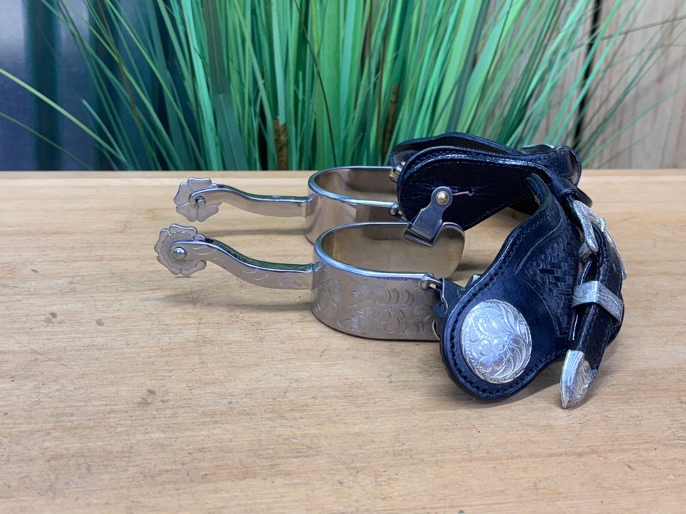 Silver Mounted Long Shank Western Equitation Show Spurs w Black Tooled ...