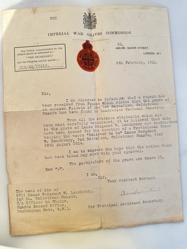 Original 1921 Imperial War Graves Commission Letter – WWI Coldstream ...