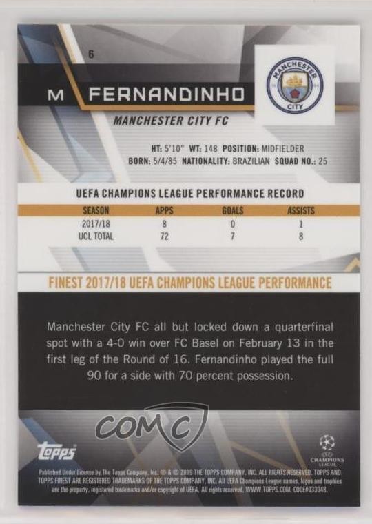 2018-19 Topps Finest UCL Refractor Fernandinho #6 | eBay