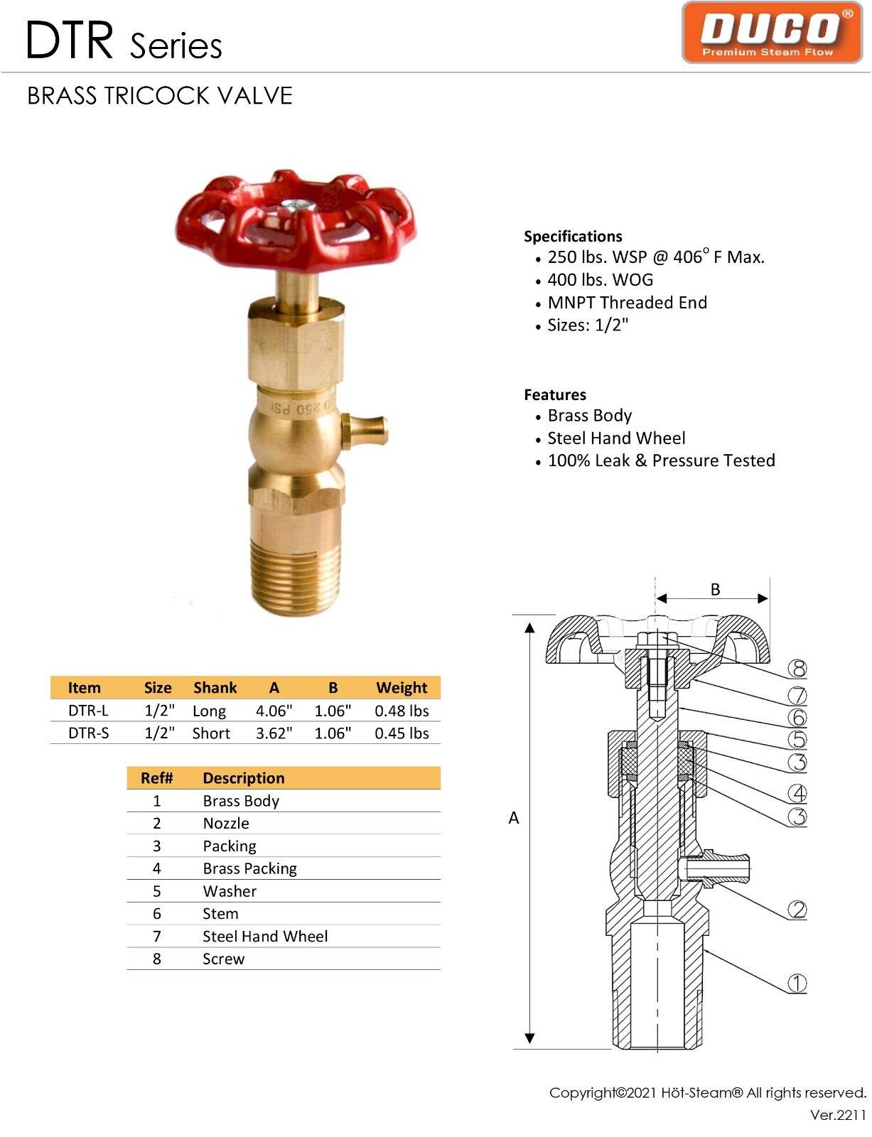 [4-PK] 1/2" BOILER TRICOCK VALVE (250 PSI) LONG-SHANK, WATER COLUMN ...