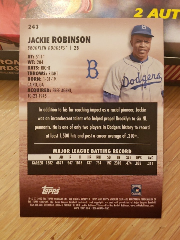 2023 Topps Stadium Club #243 Jackie Robinson Brooklyn Dodgers Baseball ...