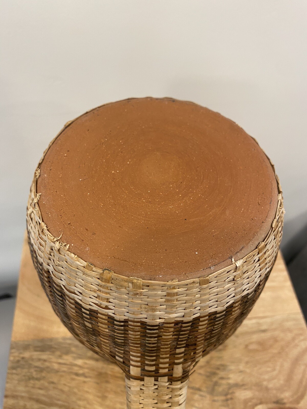 Vintage Clay Terracotta WICKER RATTAN Wrapped Pitcher Jug Vessel Handle ...