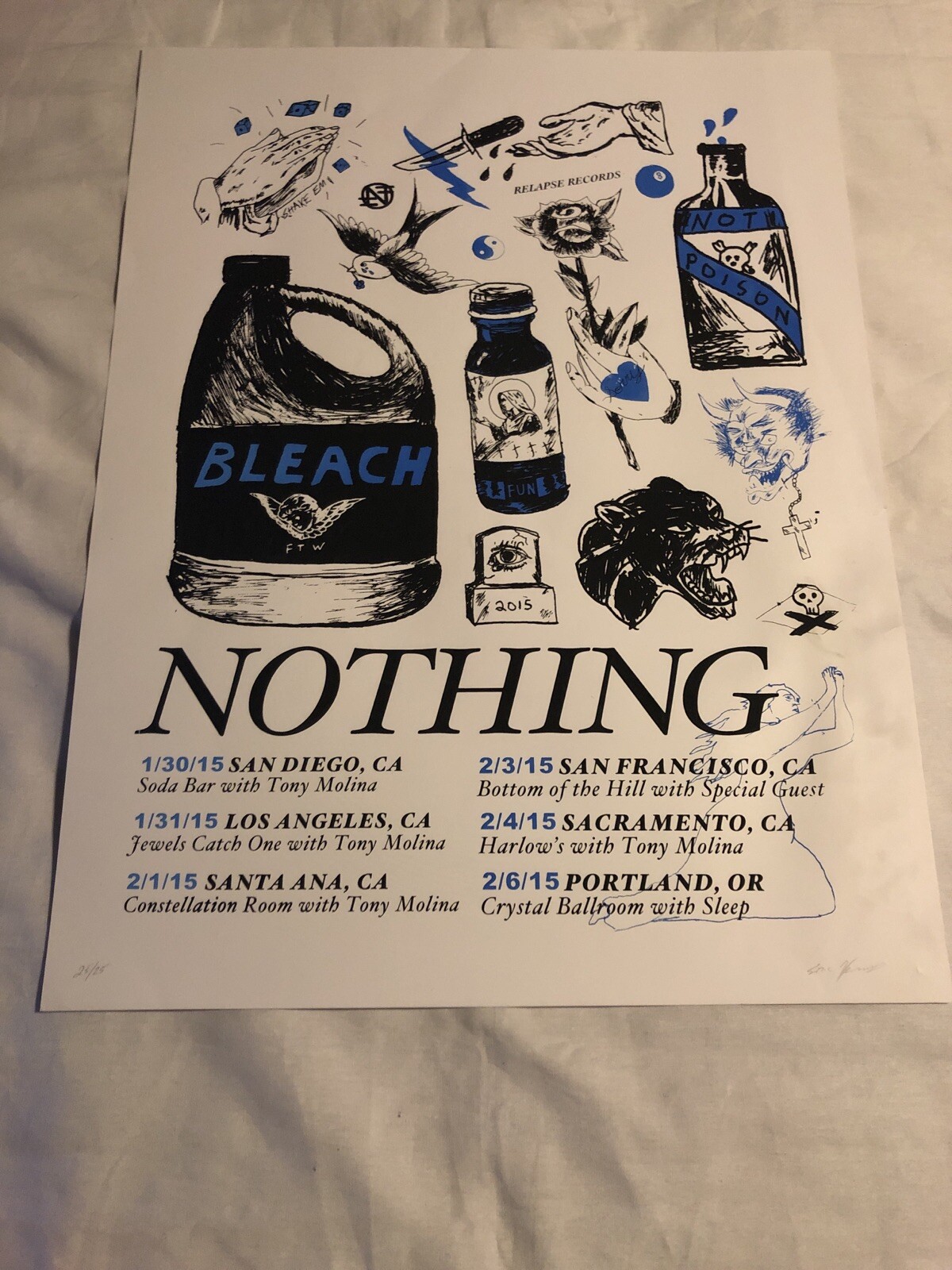 Rare 2015 NOTHING Band Screen print Tour Poster 25/25 Tony Molina Sleep ...