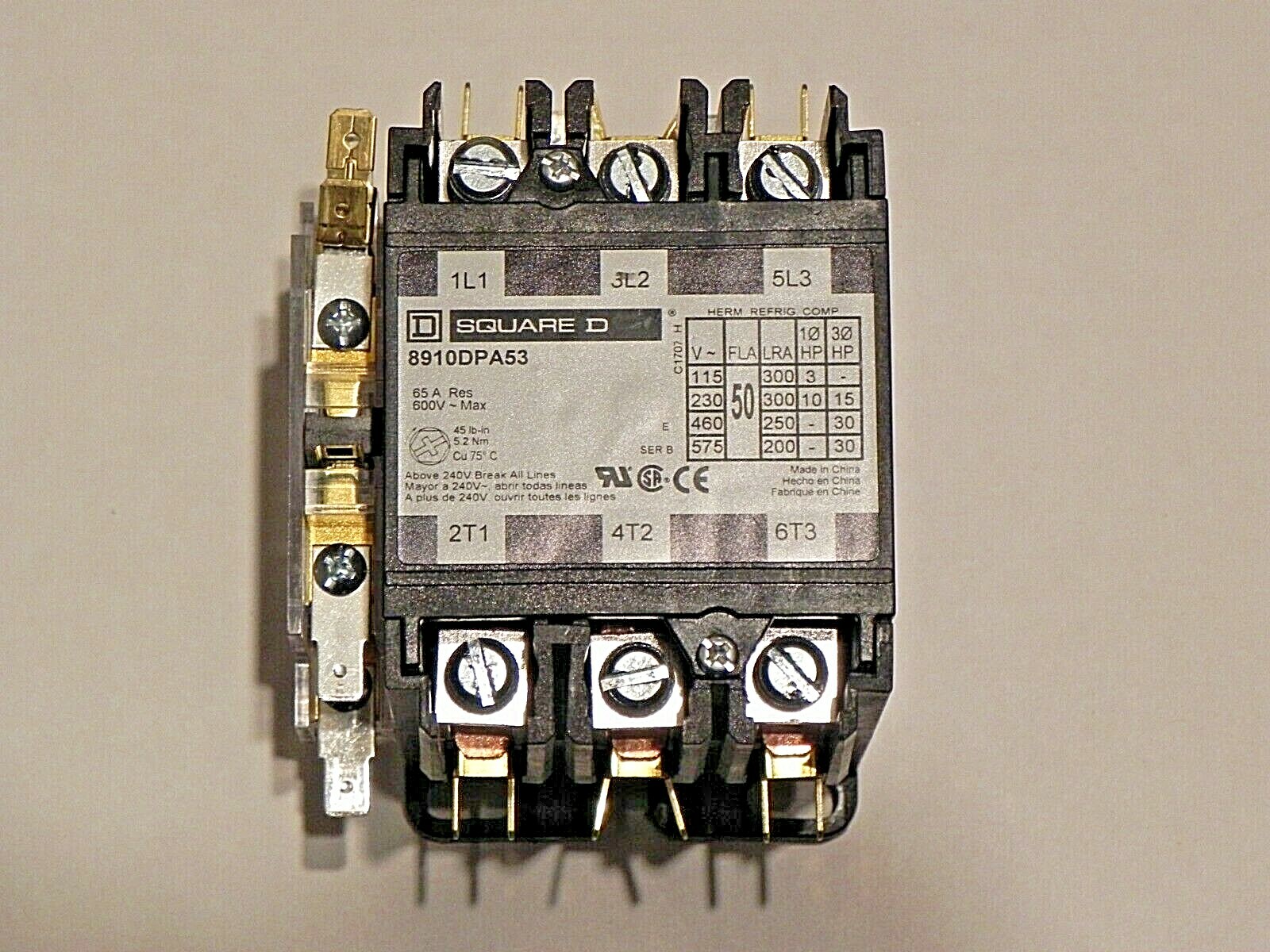 SQUARE D 8910DPA53 DP DEFINITE PURPOSE 50A CONTACTOR TYPE D11 CLASS ...