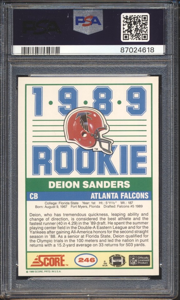 1989 Score Football Deion Sanders ROOKIE #246 PSA 10 FALCONS GEM MINT ...