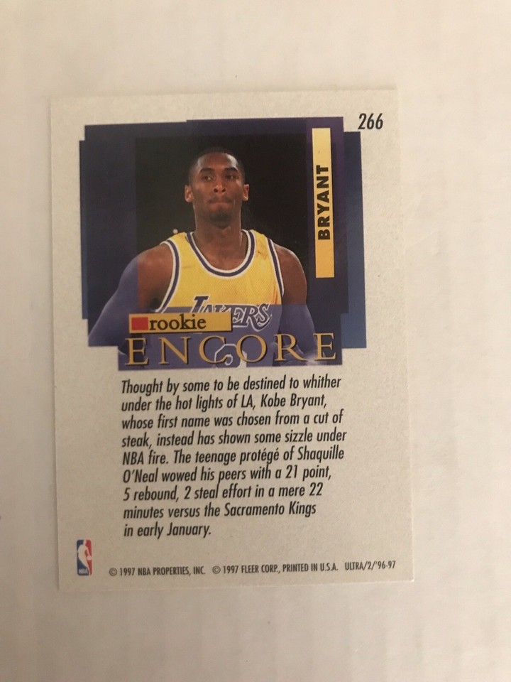1996-1997 Fleer Ultra Encore Kobe Bryant Rookie Card #266 Los Angeles ...