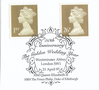 Queen Golden Wedding 1st 26p Gold Westminster Abbey (a) 1997 ON PIECE ...