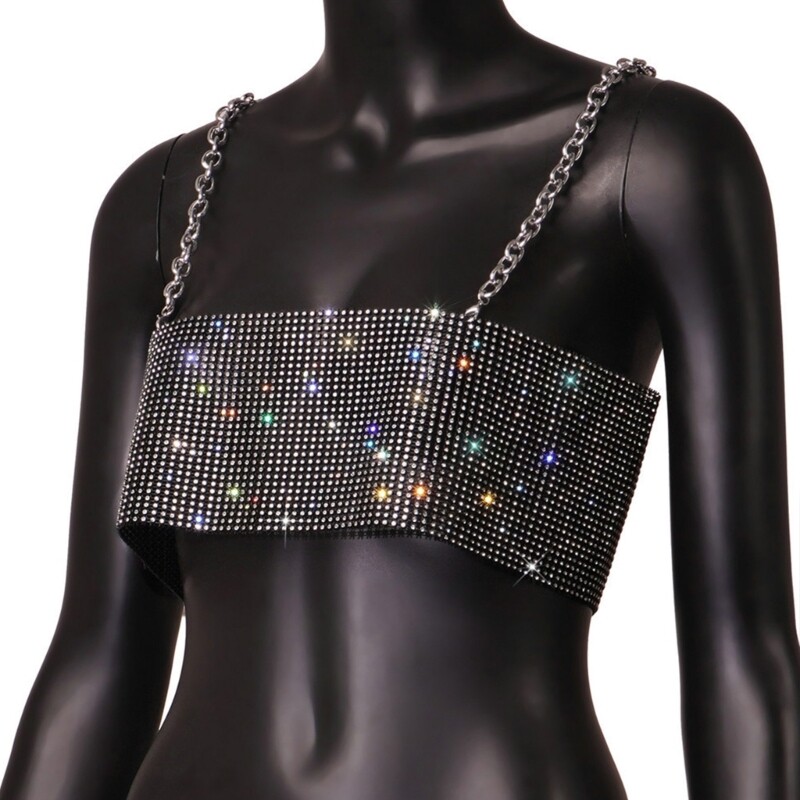 Women Sparkly Rhinestones Chain Tube Top Bras Body Jewelry Fishnet ...