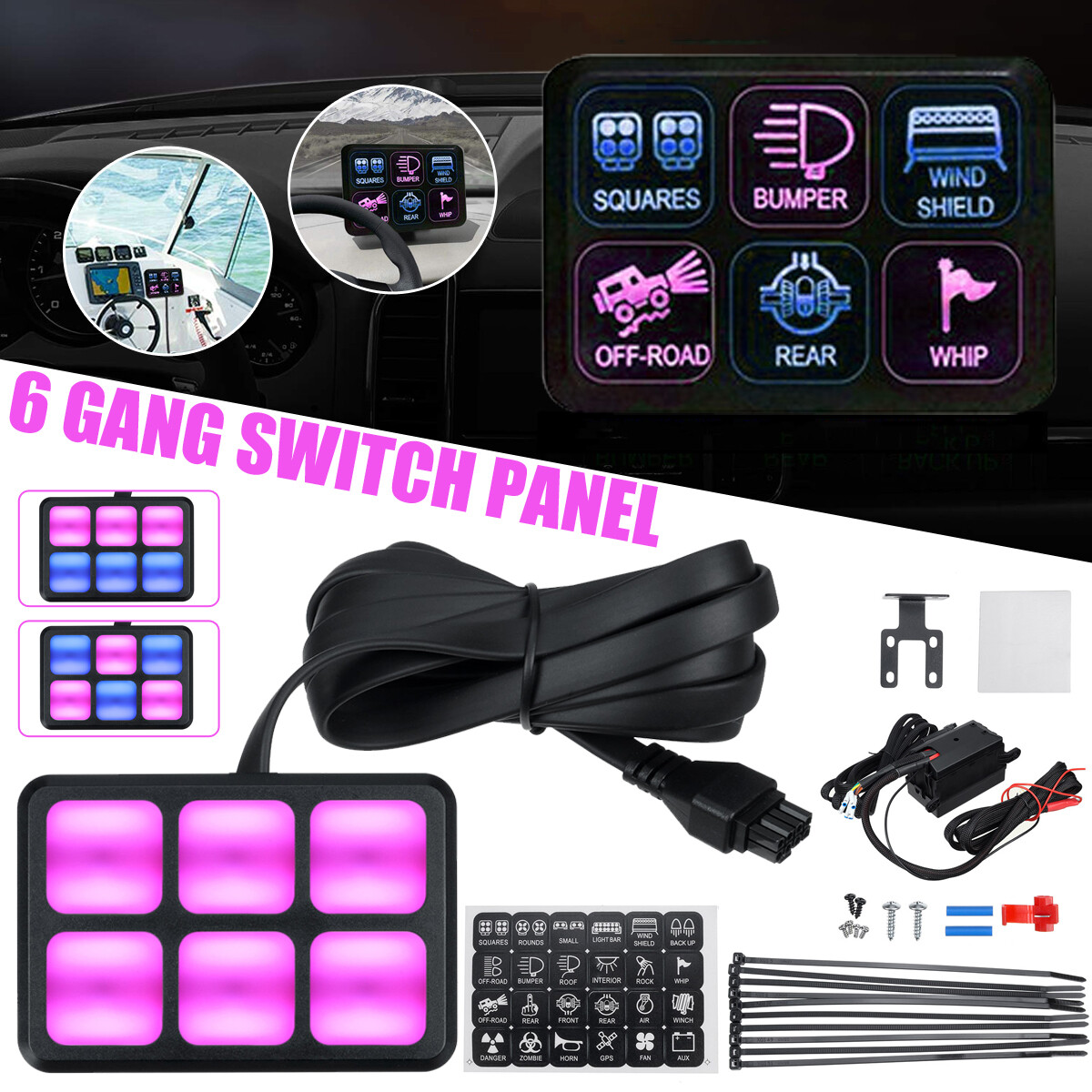 6 Gang Switch Panel LED Light Bar Circuit Control Box Car RV Boat ...