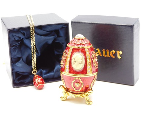 STAUER EGG TRINKET, BASE, & NECKLACE~O.B.~DEEP RED, GOLD, CAMEO DESIGN ...