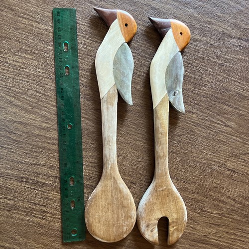 Unique Carved Wood Bird Salad Spoon Fork Serving Set Handmade | eBay