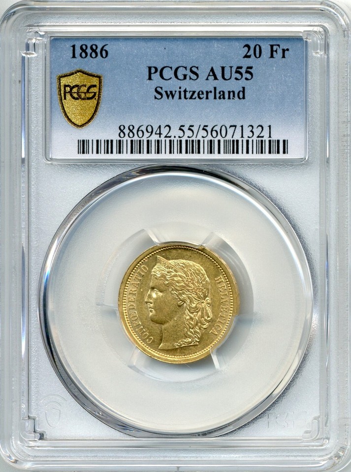 1886 Switzerland 20 Francs Gold Coin - Choice About Uncirculated, PCGS AU55 | eBay