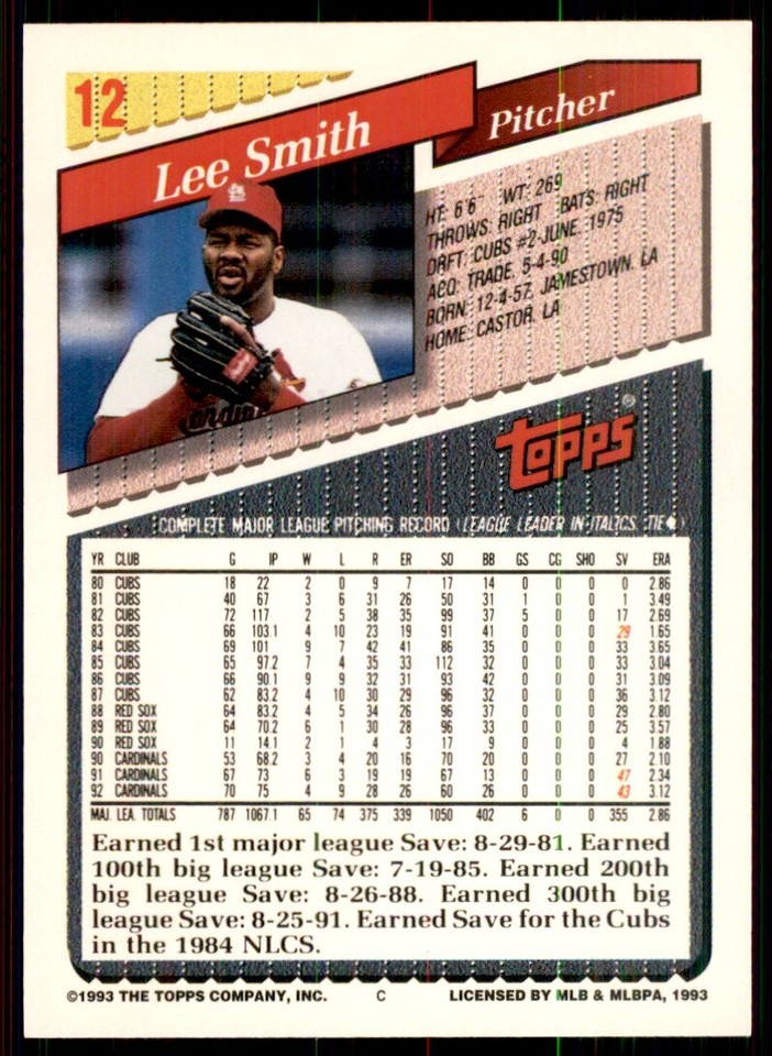 1993 Topps Lee Smith Baseball Cards #12 | eBay