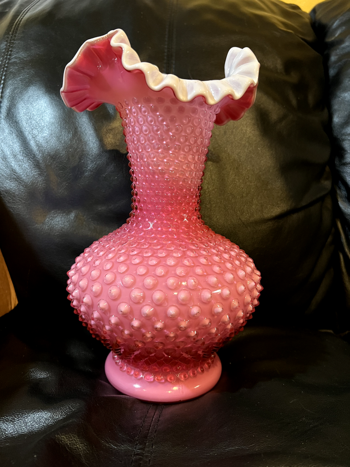 RARE Fenton***WILD ROSE OVERLAY HOBNAIL LG. 11” VASE*** #3752 WR..1961 ...
