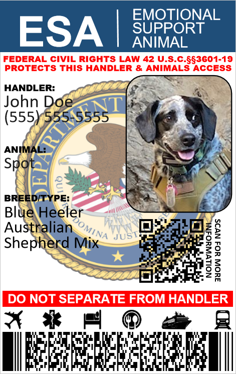 ADA EMOTIONAL SUPPORT ANIMAL ID CARD ESA PLASTIC SINGLE SIDED ...