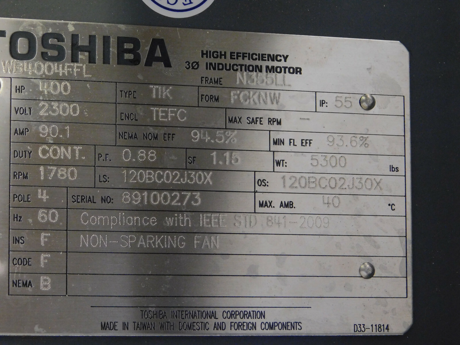400 HP NEW Toshiba Electric Motor 2300 Volts, 1780 RPM, N355LL Frame ...