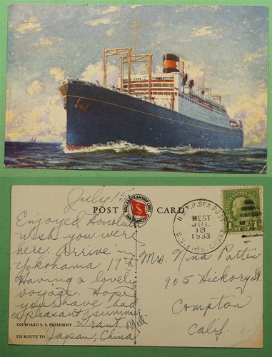 DR WHO 1933 PAQUEBOT PRES GRANT SHIP POSTCARD ENROUTE TO JAPAN/CHINA ...