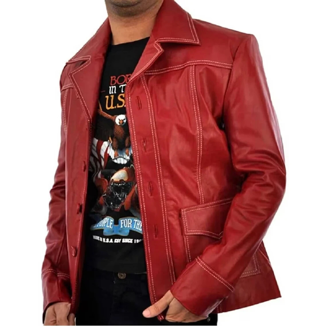 Fight Club Brad Pitt Tyler Durden Real Leather Jacket Red FC Coat | eBay