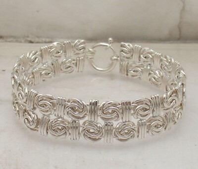 8" Double Row Wide Byzantine Bar Status Link Bracelet Real 925 Sterling ...
