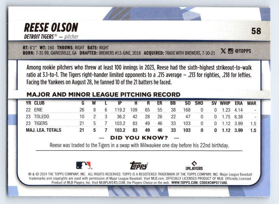 2024 Topps Big League Reese Olson RC Rookie Card #58 Tigers | eBay
