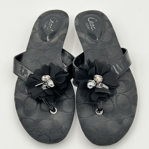 Coach Serenity Sandal Thong Slides patent Leather black Logo flower ...