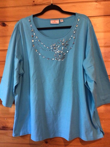 Quacker Factory Aqua Blue Embellished Beads Flowers 3/4 Sleeve Tunic ...
