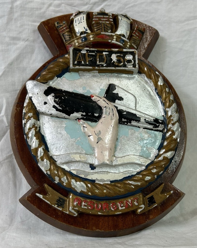 Vintage Royal Navy AFD 58, RFA Resurgent Badge, Tampion, Plaque, Crest ...