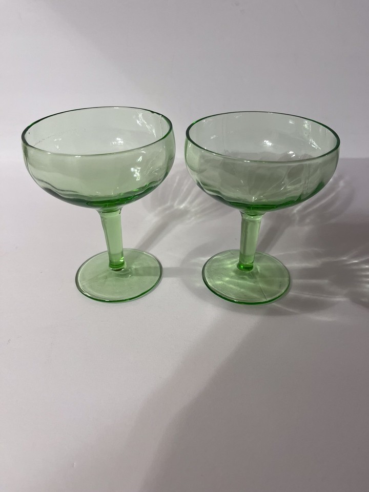 2 Vtg Green Depression Glass Stemmed Glasses Optic Panel Champagne ...