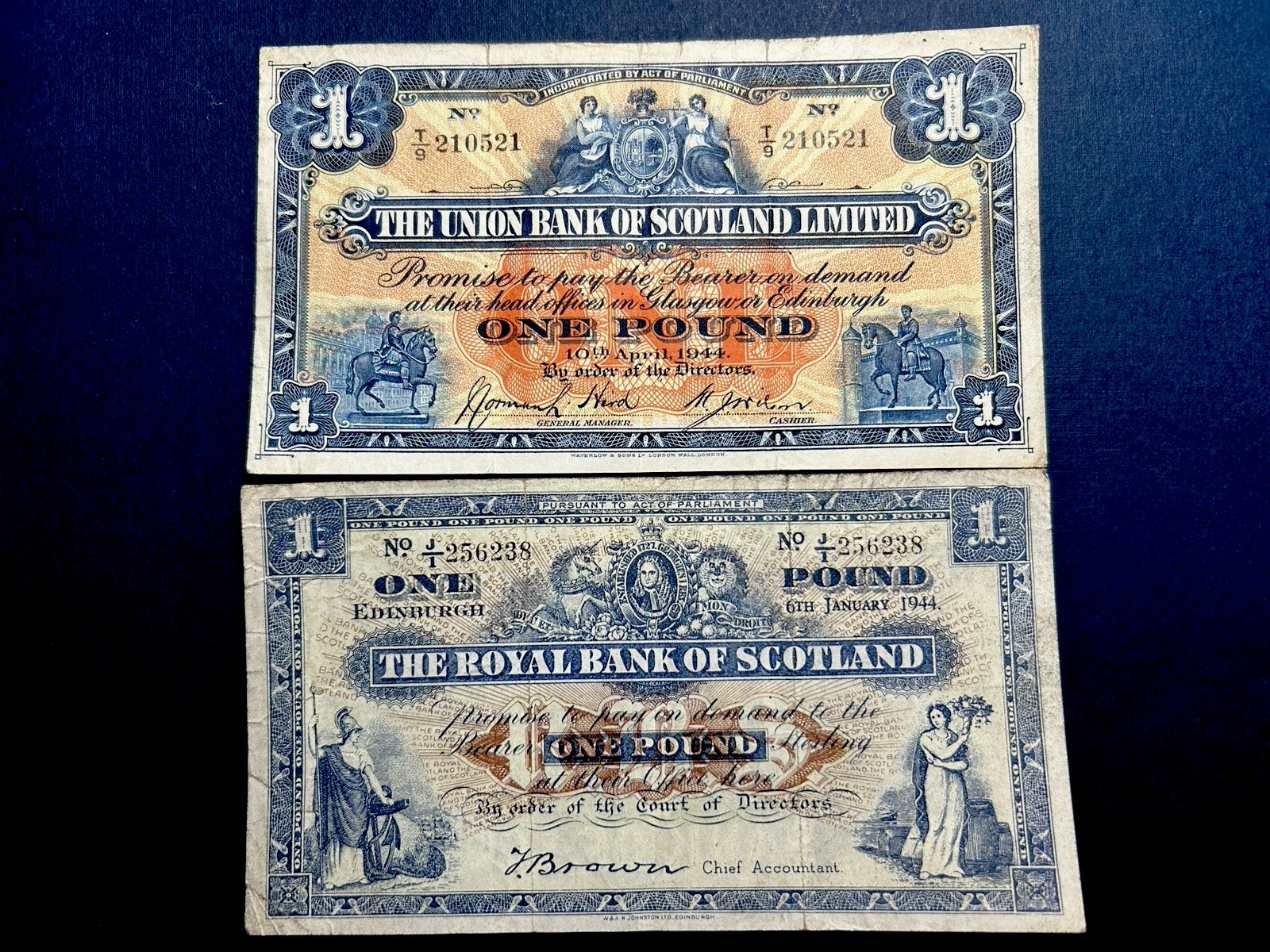 Lot 1944 Scotland: Royal Bank, Union Bank: 1 Pound, Two F And VF Notes ...