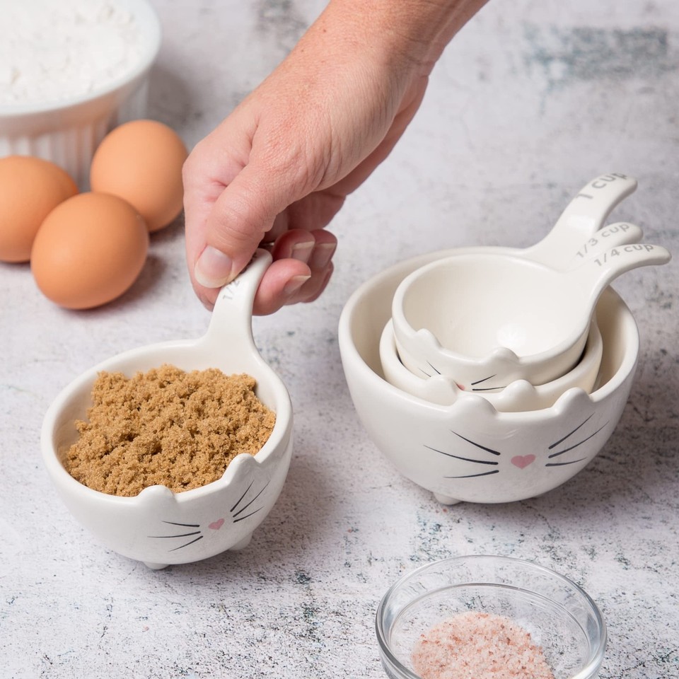 White Ceramic Cat Measuring Cups: Set of Cat Shaped Bowls - 1 Cup, 1/2 ...