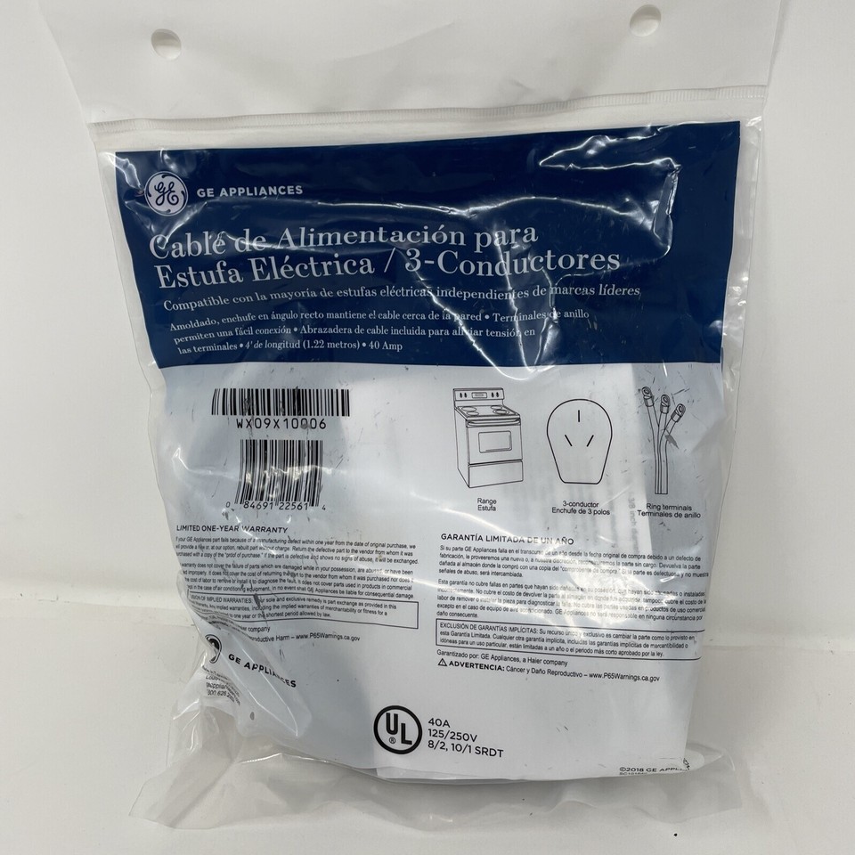 GE WX09X10006 4 Ft Range Power Cord 40 Amp Universal 3 Wire Plug NEW ...