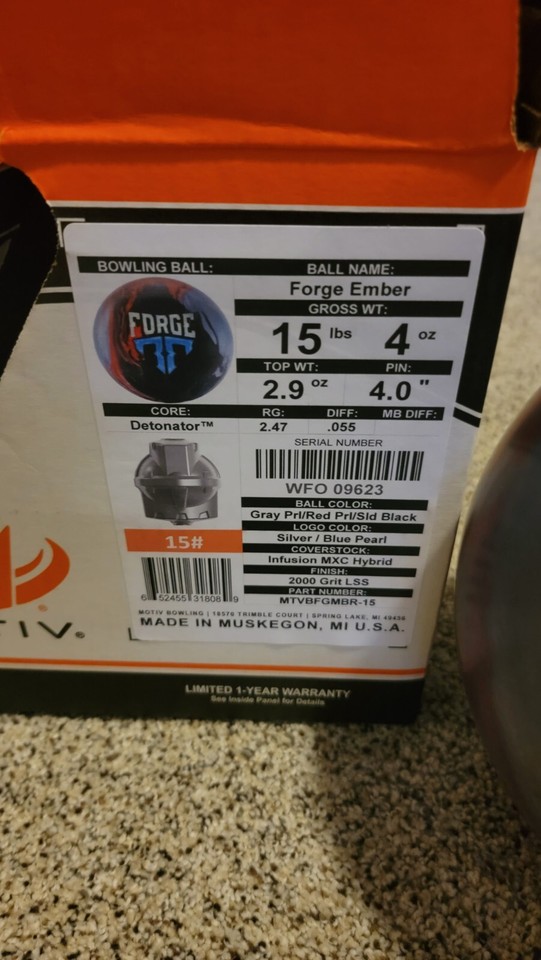 Motiv Forge Ember 1st Quality Bowling Ball | 15 Pounds | 4" Pin | 2.9oz ...