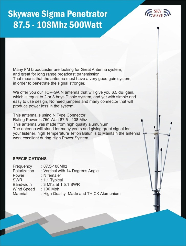 Sigma Penetrator 87.5-108Mhz 500W 6.5 dbi Vertical High Gain Broadcast ...