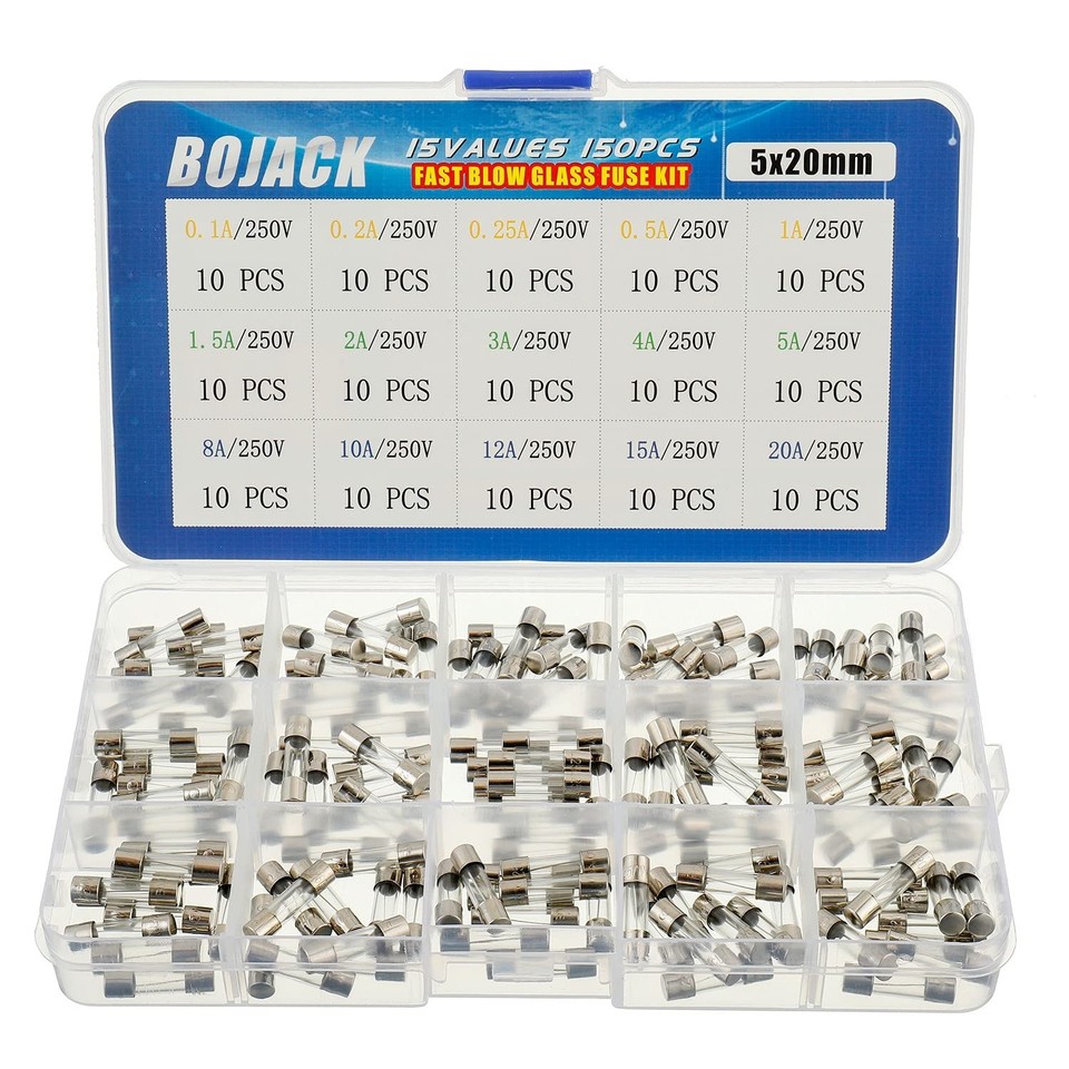 5x20 mm Fuse Holder Inline Screw Type + 150 Pcs Fast Blow Glass Fuses ...