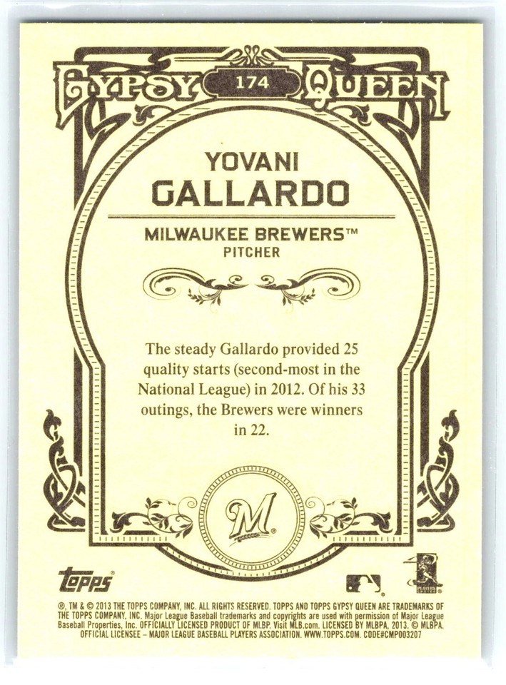 Yovani Gallardo 2013 Topps Gypsy Queen #174 | eBay