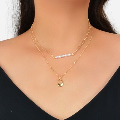 2 pcs Pearl Multilayer Gold Link Chain Charm Necklace Trendy Jewellery ...