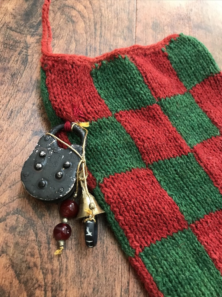 Christmas Red Green Check Rustic Farmhouse Stocking Handmade 100% Wool ...