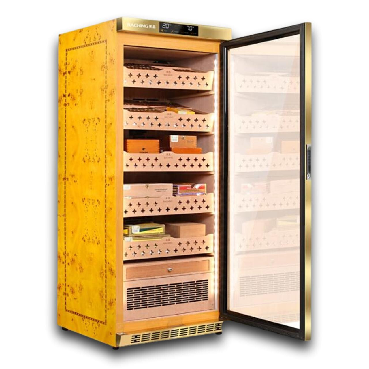 Raching MON1800A Climate Control Gold Burl 1,200-Cigar Electric Humidor ...