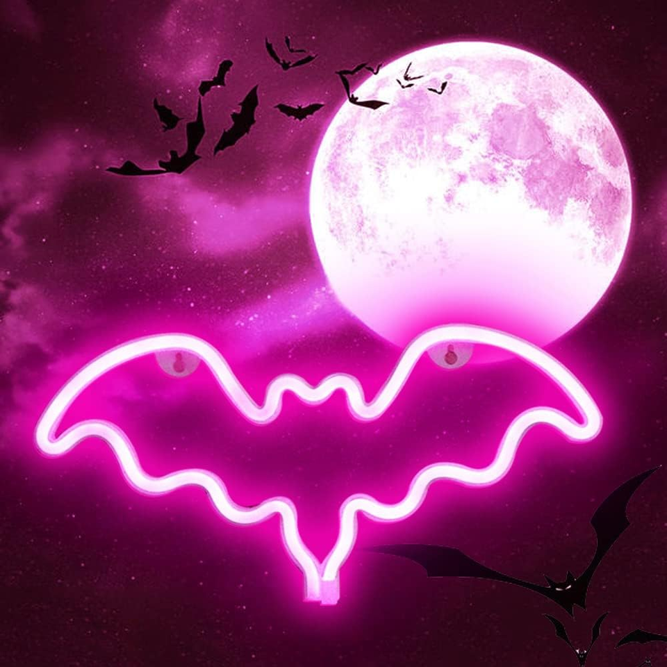 LED Neon Bat Lights Halloween Decor, Bat Shape Neon Signs Goth Night ...