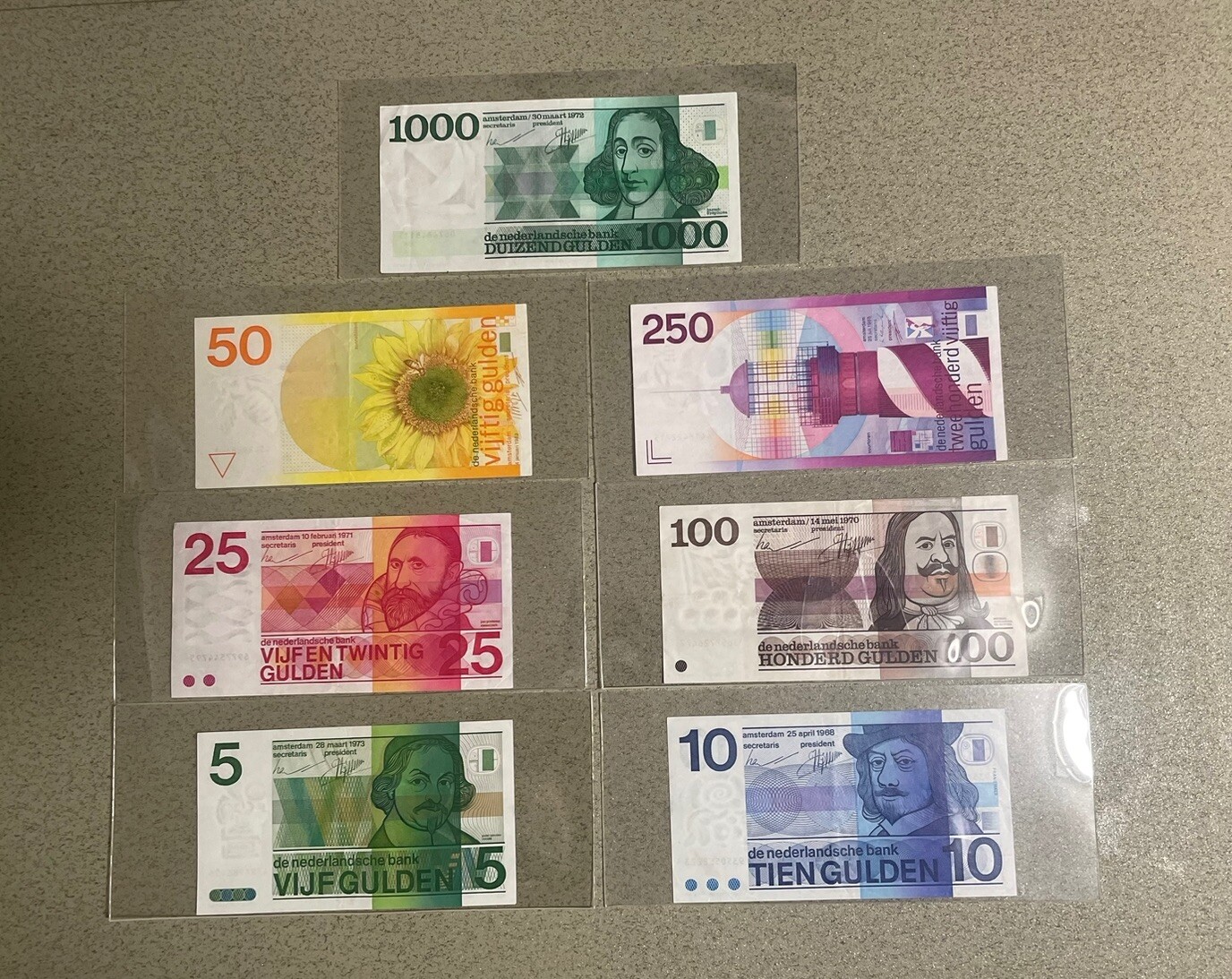 NETHERLAND: Fullset 5-10-25-50-100-250-1000 Gulden, 1968-1982 Banknote ...
