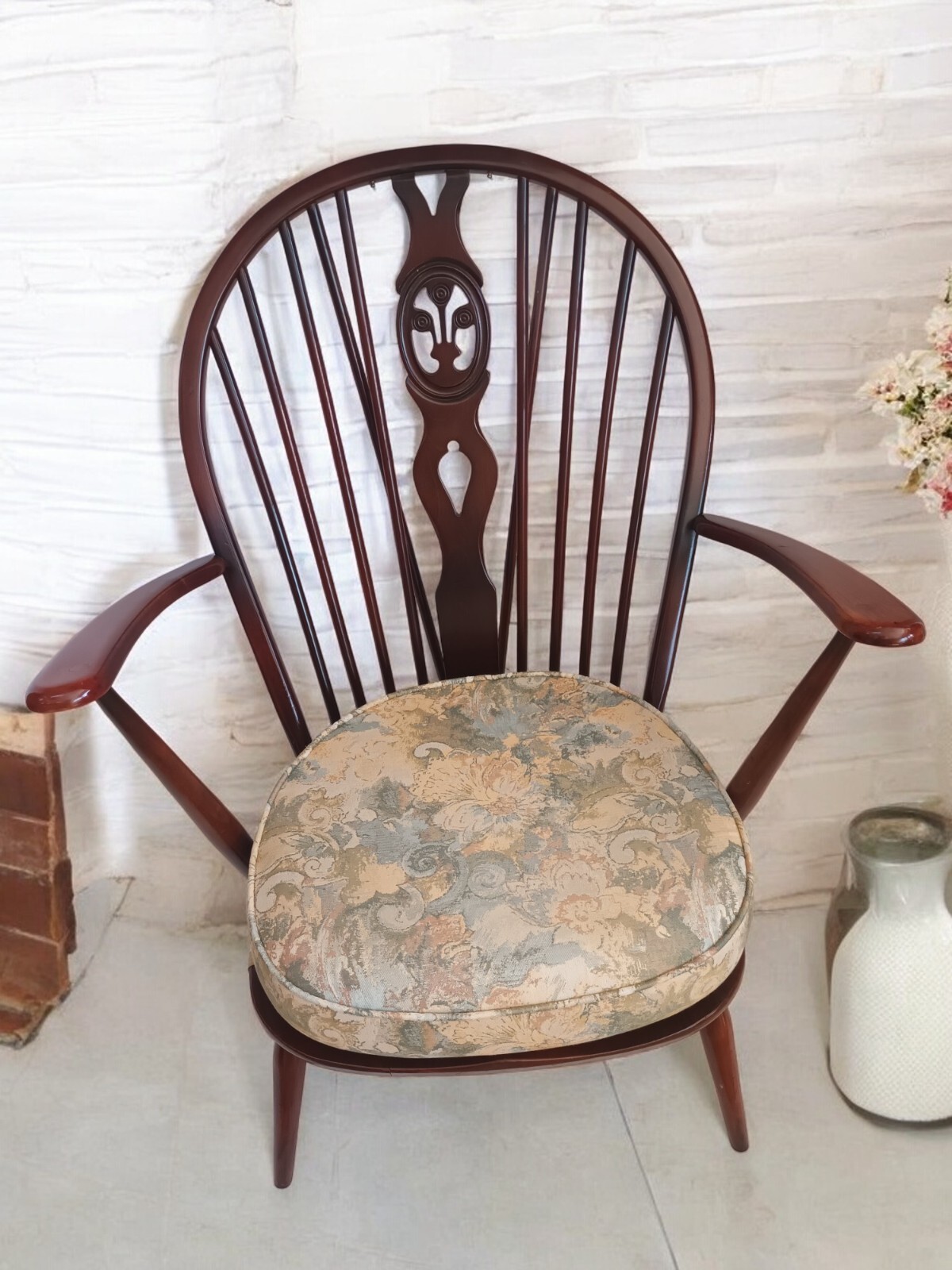 Vintage Ercol Arm Chair Solid Ash Wood Frame Fleur De Lys Windsor chair ...