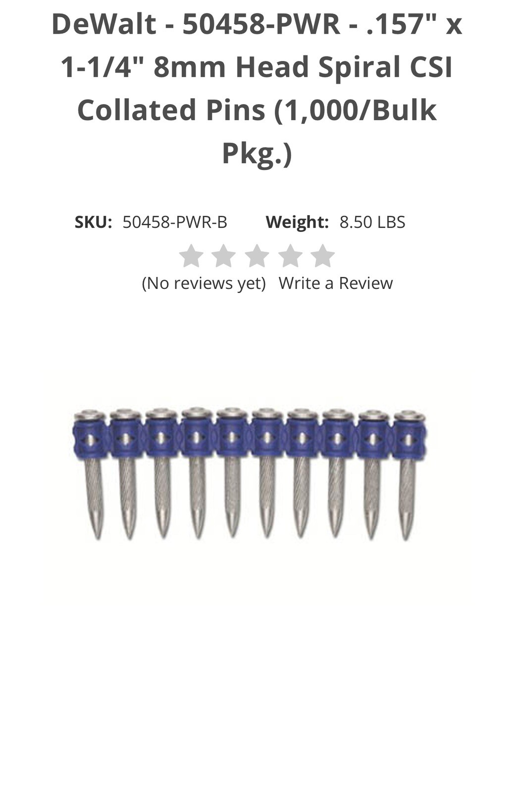 DeWalt -50458-PWR -.157" x 1-1/4" 8mm Head Spiral CSI Collated Pins ...