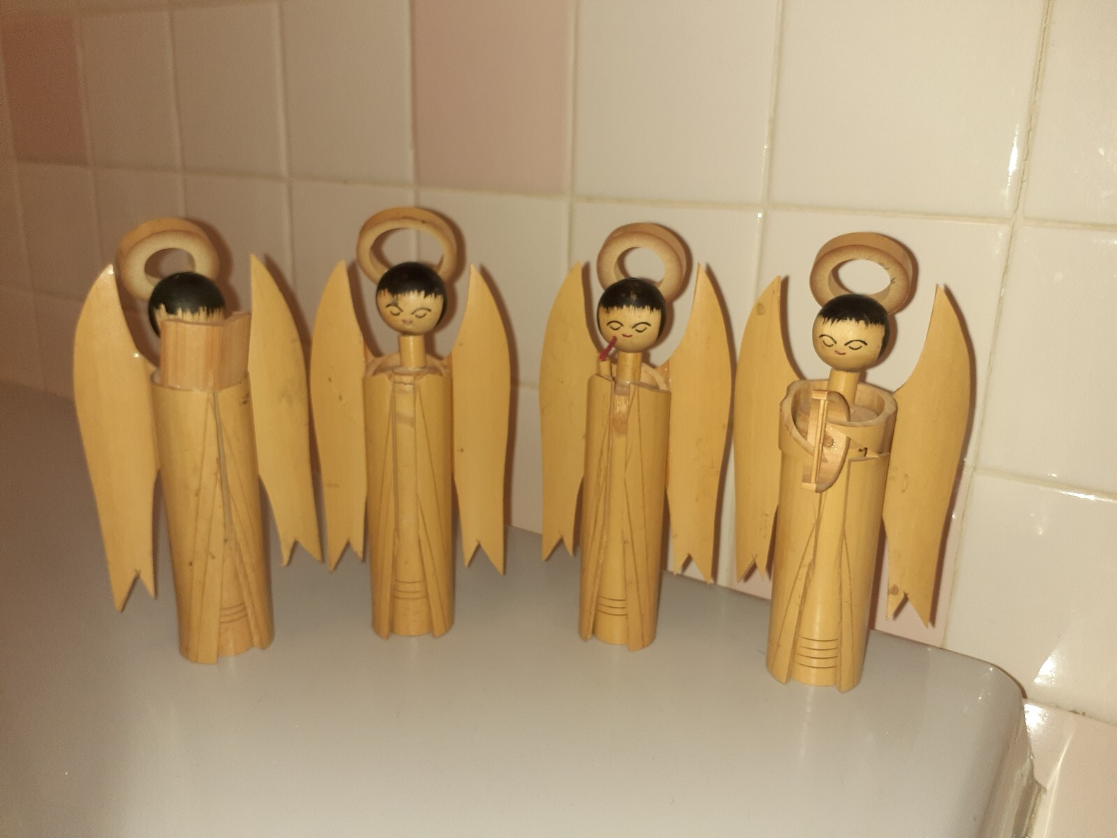 Vintage Hand Carved Wooden Bamboo Set of 4 Angels Figurines 6.2" tall ...