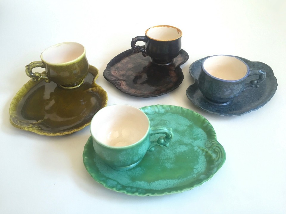 VTG 1966 MID CENTURY STUDIO POTTERY LILY PAD CERAMIC COFFEE TEA DESSERT ...