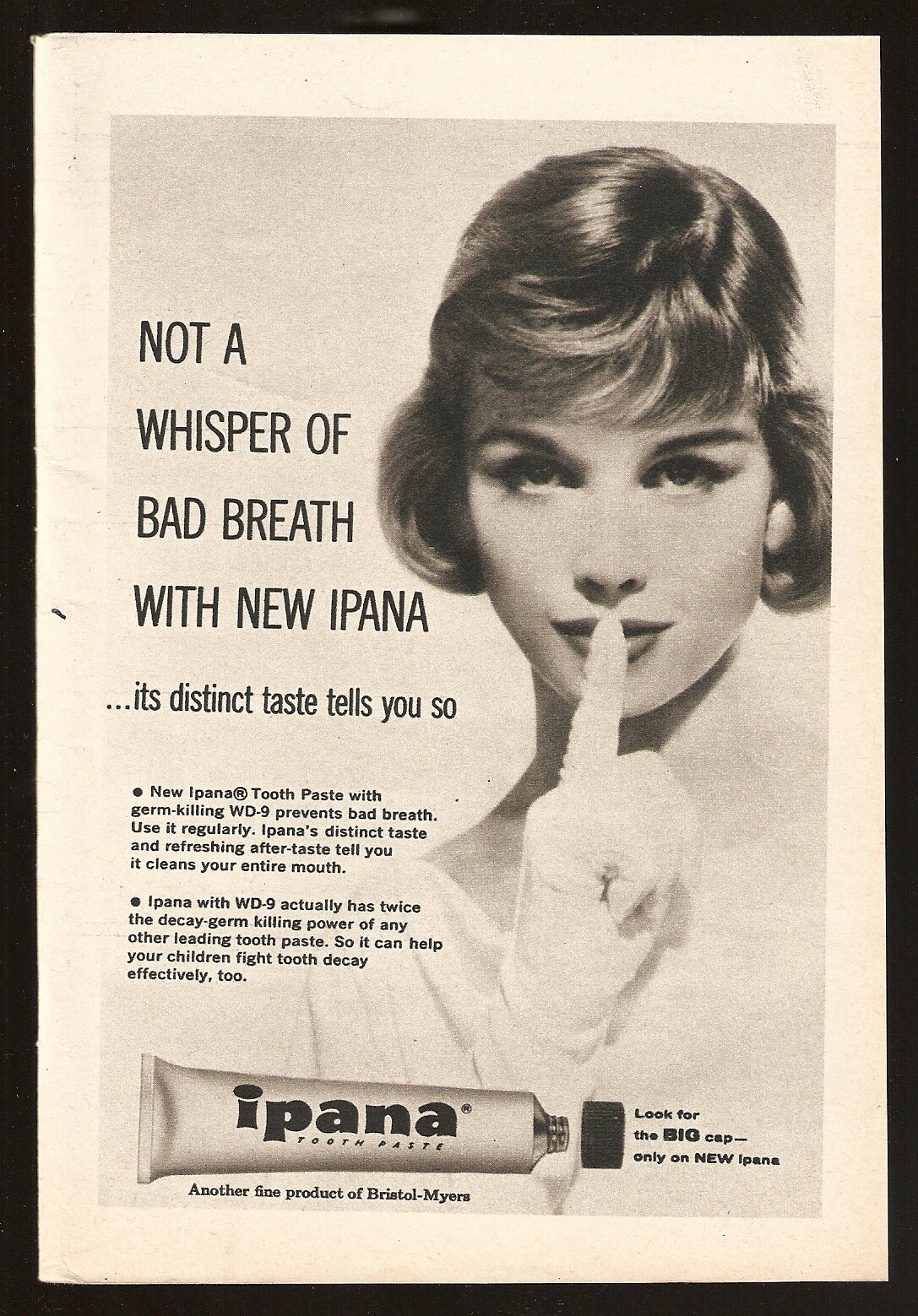 1958 IPANA TOOTHPASTE AD~BRISTOL MYERS CO~NOT A WHISPER OF BAD BREATH ...