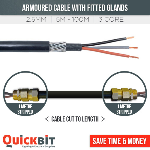 3 CORE 2.5MM ARMOURED CABLE **FITTED WITH GLANDS** CUT TO LENGTH SWA ...